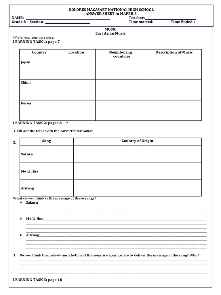 Mapeh 8 Answer Sheet | PDF | Korea | Japan