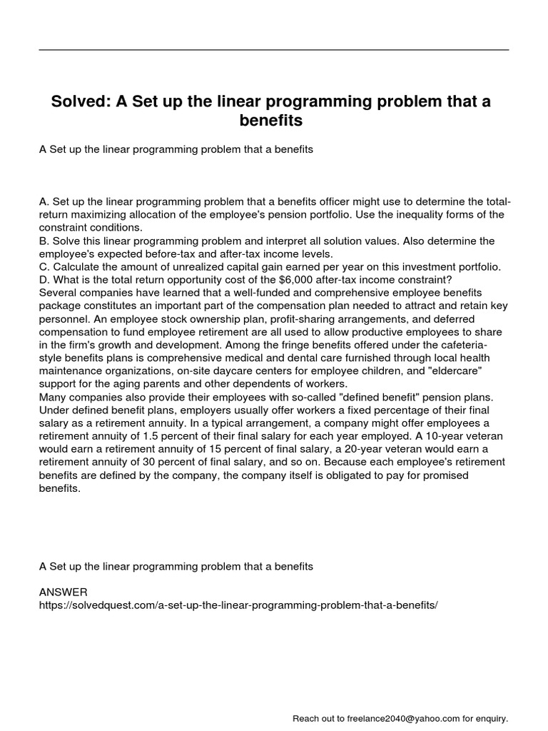 A Set Up The Linear Programming Problem That A Benefits | PDF | Business
