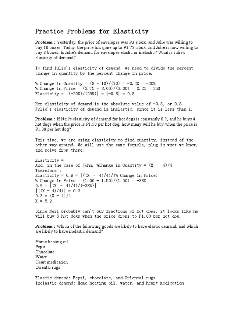 Practice Problems For Elasticity | PDF | Price Elasticity Of Demand | Demand