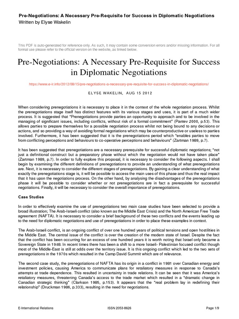 Pre-Negotiations: A Necessary Pre-Requisite For Success in Diplomatic ...