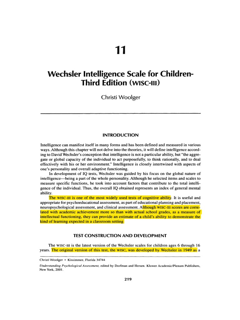 Wechsler Intelligence Scale For Children-Third Edition: (wise-III ...