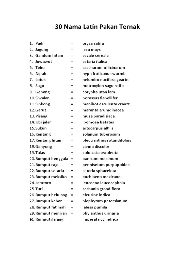 30 Nama Latin Pakan Ternak | PDF