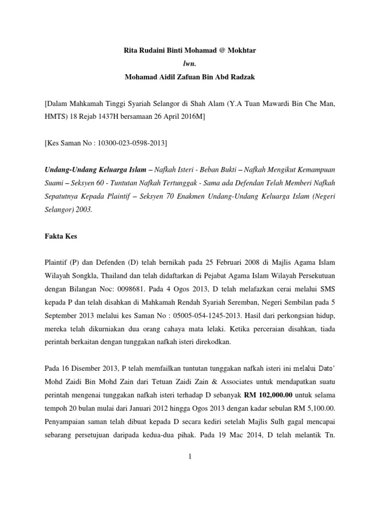 Rita Rudaini Vs Mohamad Aidil Zafuan - Tunggakan Nafkah Isteri 20 Bulan ...
