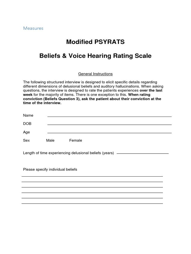 Modified PSYRATS Beliefs & Voice Hearing Rating Scale: Measures | PDF ...