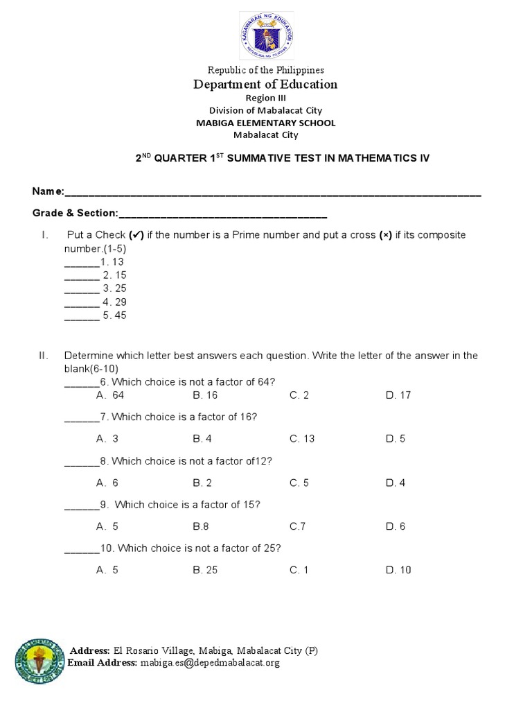 2nd Quarter 1st Summative Test Week 1 | PDF | Prime Number | Teaching ...