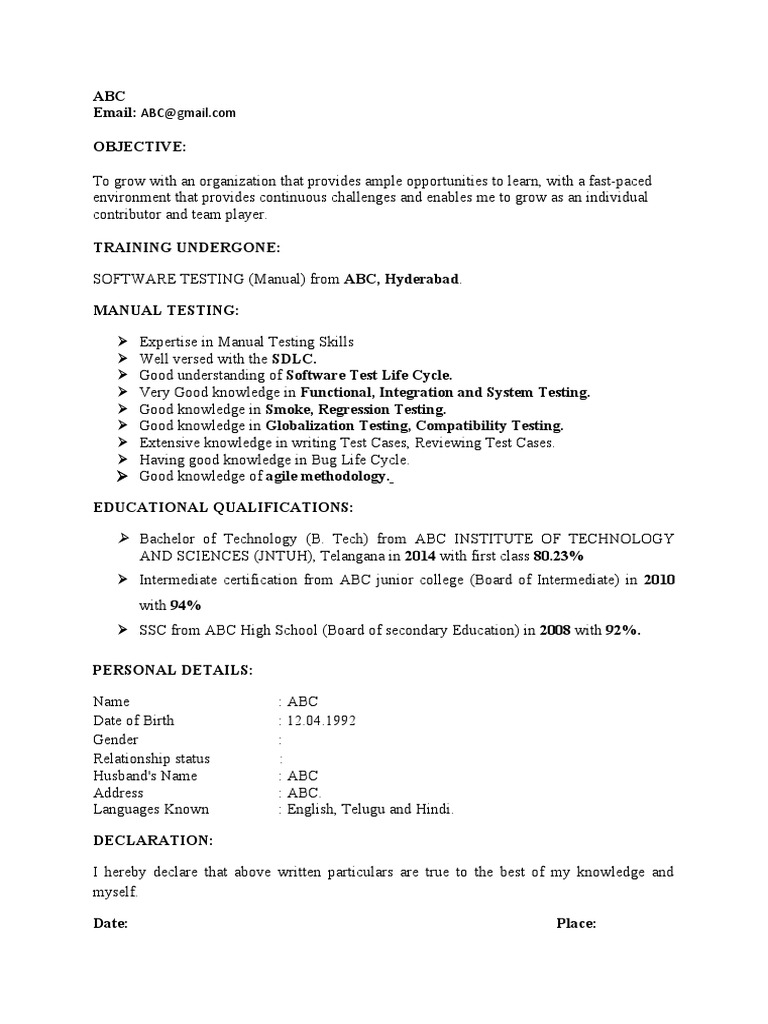 Manual Testing Fresher Resume | PDF