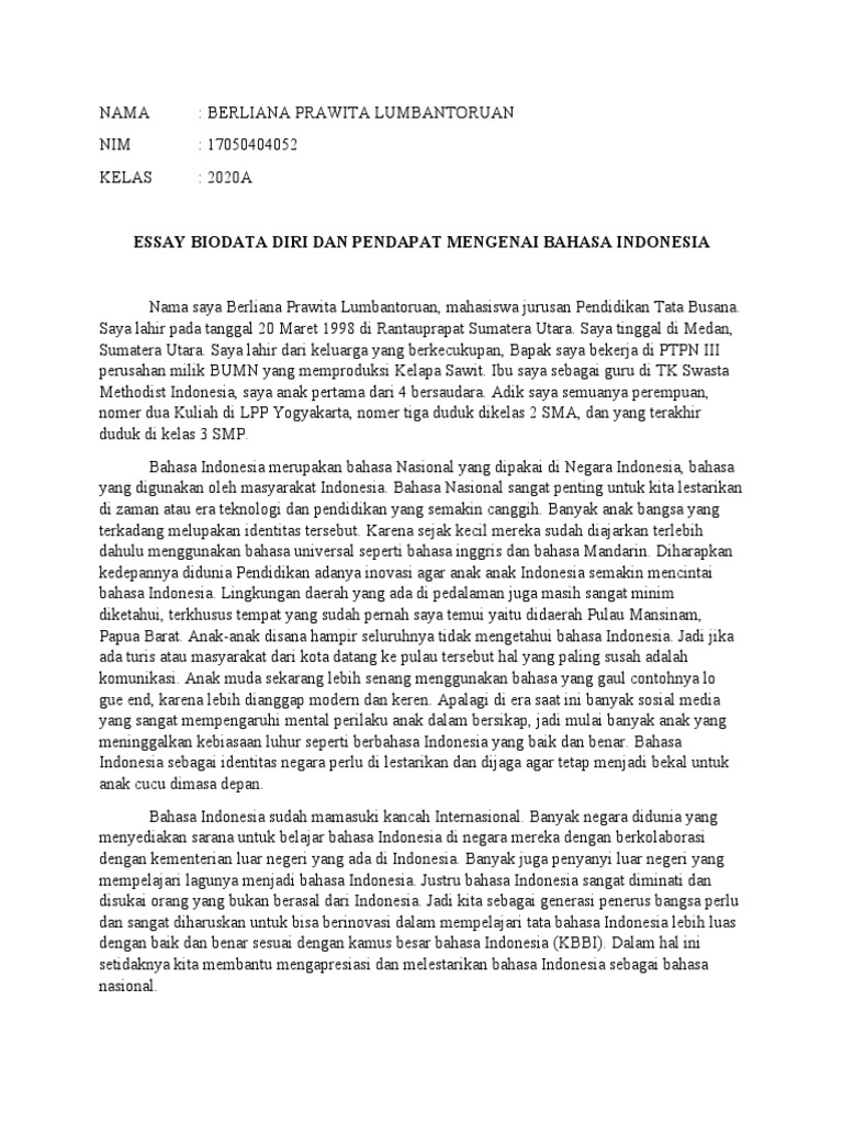 Essay Biodata Diri Dan Pendapat Mengenai Bahasa Indonesia | PDF