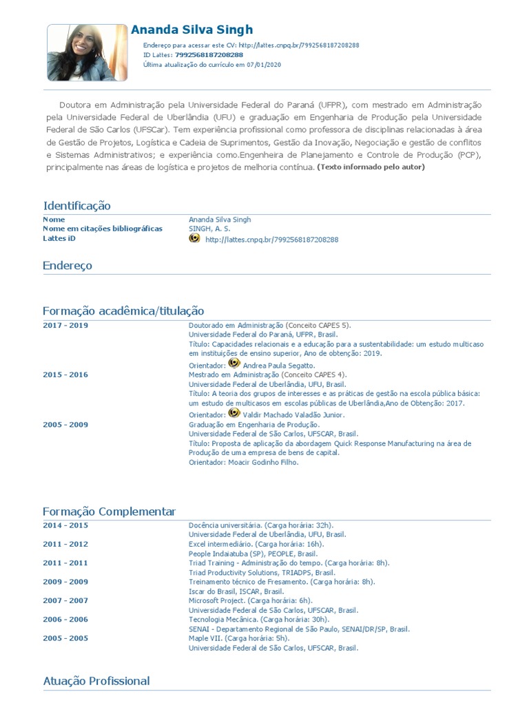 Currículo Do Sistema de Currículos Lattes (Ananda Silva Singh) | PDF ...