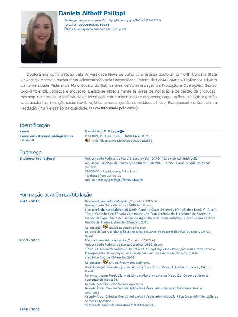 Currículo Do Sistema de Currículos Lattes (Daniela Althoff Philippi ...