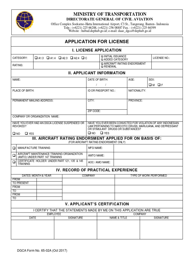 DGCA Form 65-02A Application For License - Oct 2017 | PDF | Law