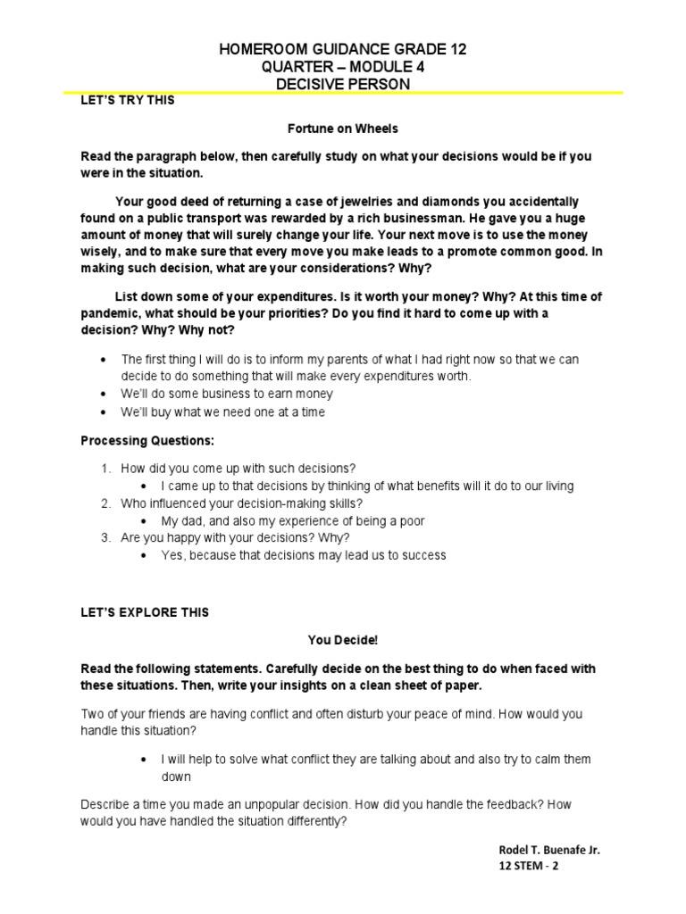 Homeroom Guidance Grade 12 Quarter - Module 4 Decisive Person | PDF | Decision Making | Human Nature