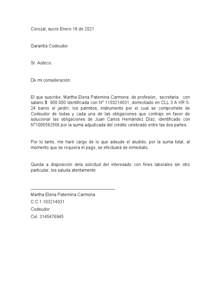 Carta Codeudor 2 | PDF