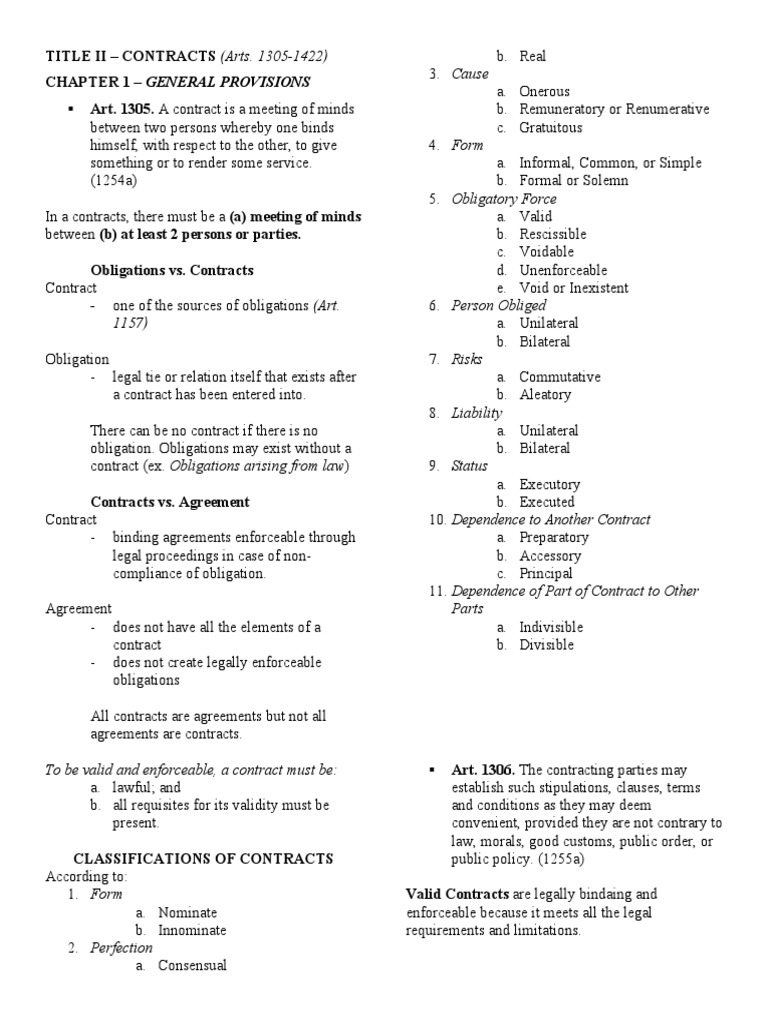 TITLE II - CONTRACTS (Arts. 1305-1422) Chapter 1 - General Provisions | Download Free PDF ...