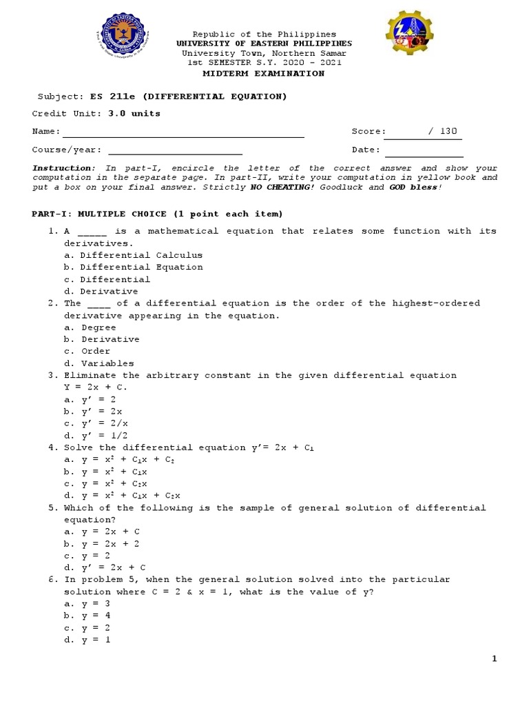 DE Midterm Examination | PDF | Differential Equations | Equations