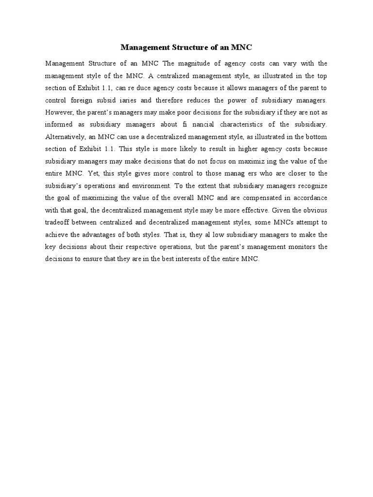 MNC Management Styles: Centralized vs. Decentralized | PDF | Career ...