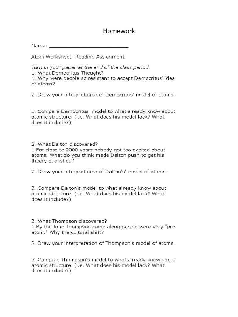 Atomic Theory Student Worksheet | PDF