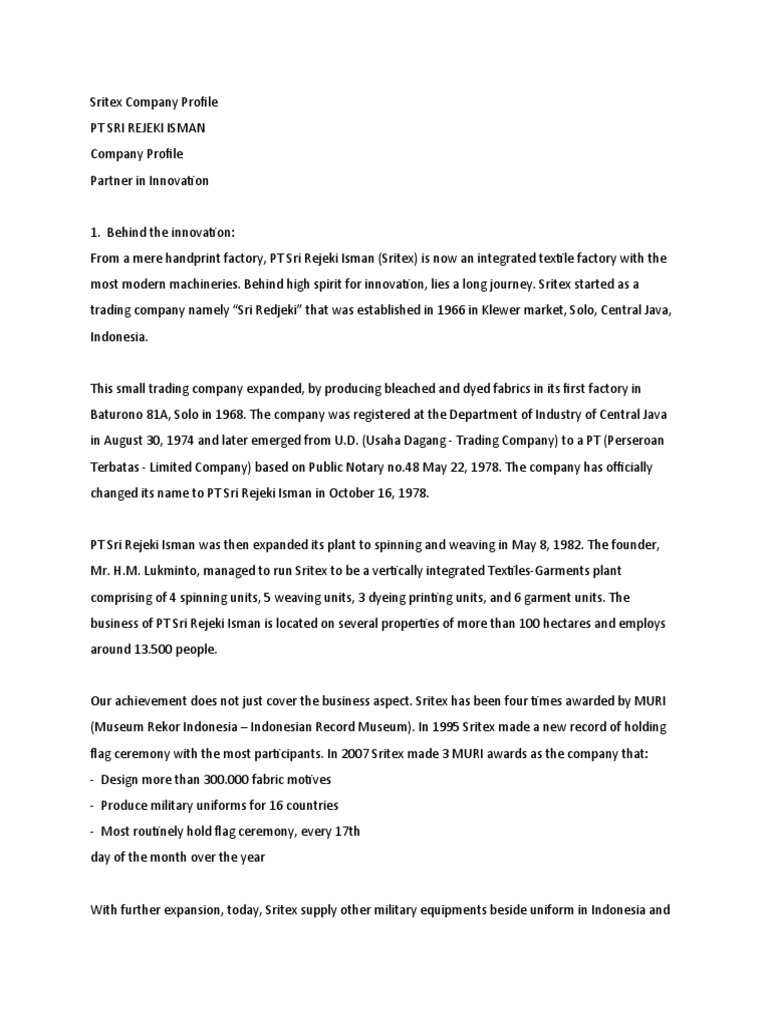 Sritex Company Profile - EN Lang | PDF | Textiles | Clothing