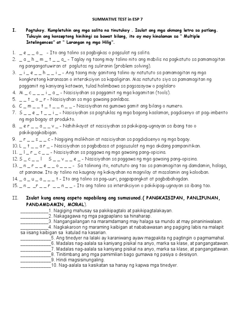 SUMMATIVE TEST in ESP 7 | PDF