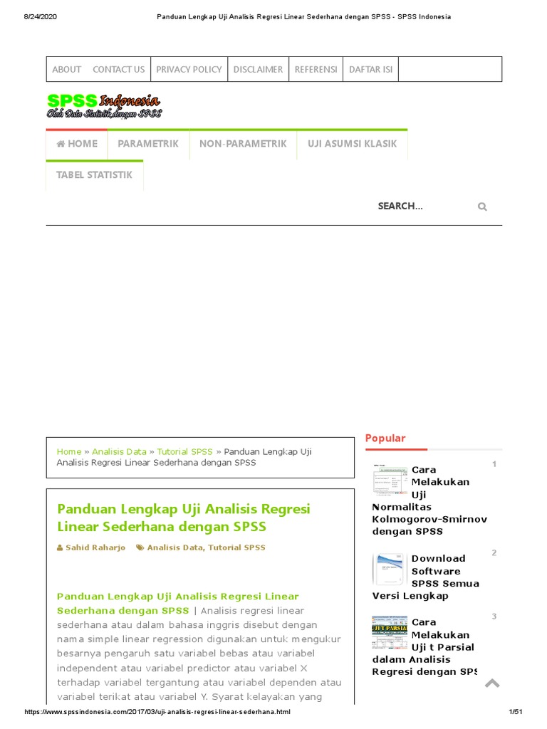 Panduan Lengkap Uji Analisis Regresi Linear Sederhana Dengan SPSS - SPSS Indonesia | PDF