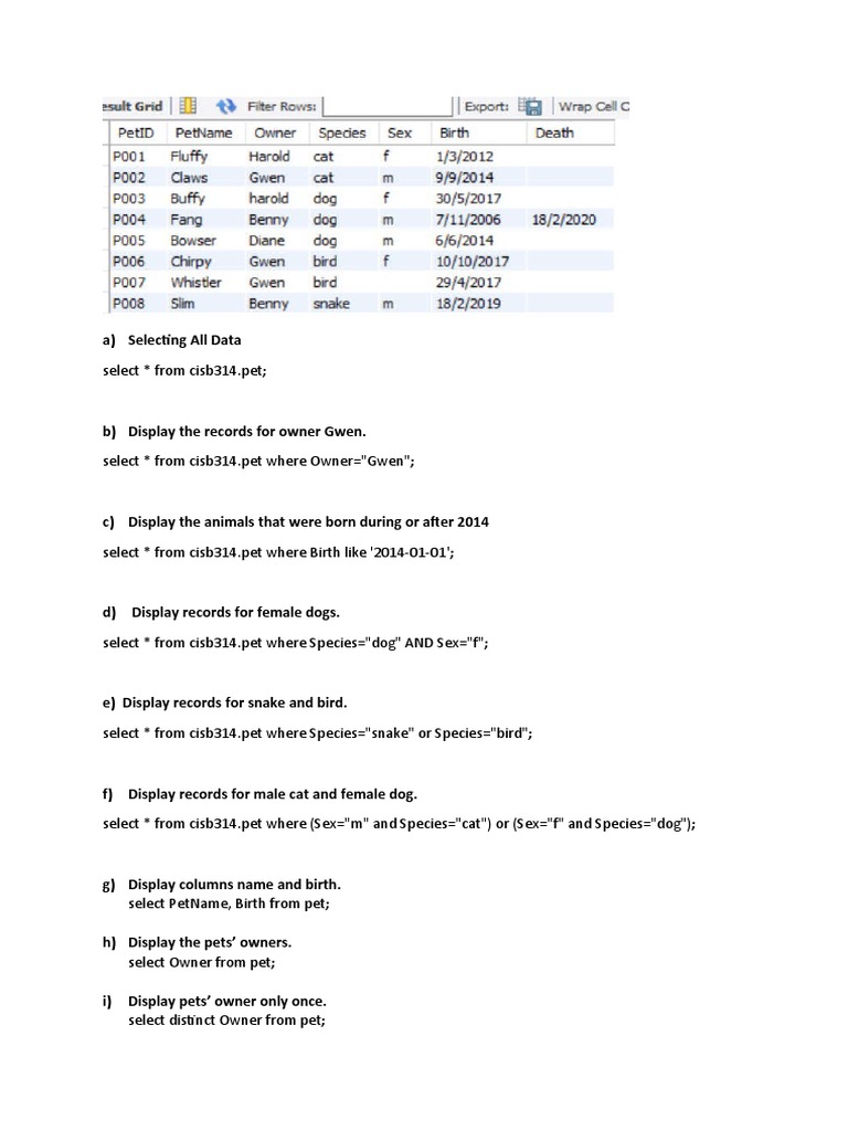 Database Lab 2 Answers - Pet | PDF