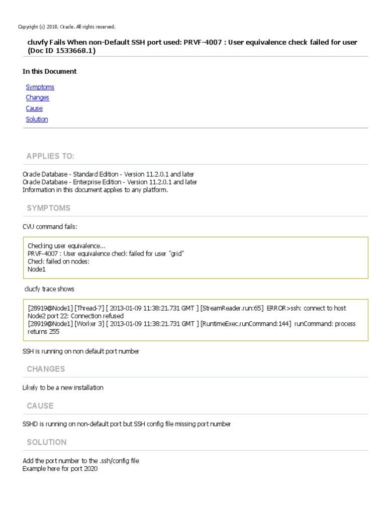 Cluvfy Fails When Non-Default SSH Port Used PRVF-4007 User Equivalence Check Failed For User ...