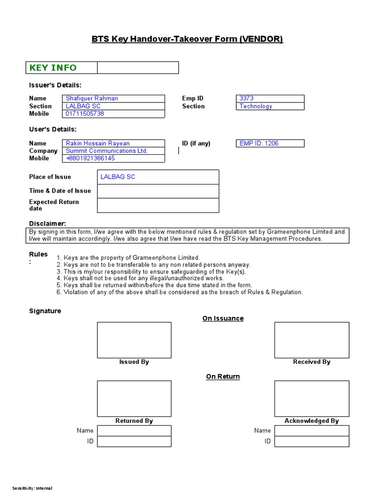 Key Info: BTS Key Handover-Takeover Form (VENDOR) | PDF