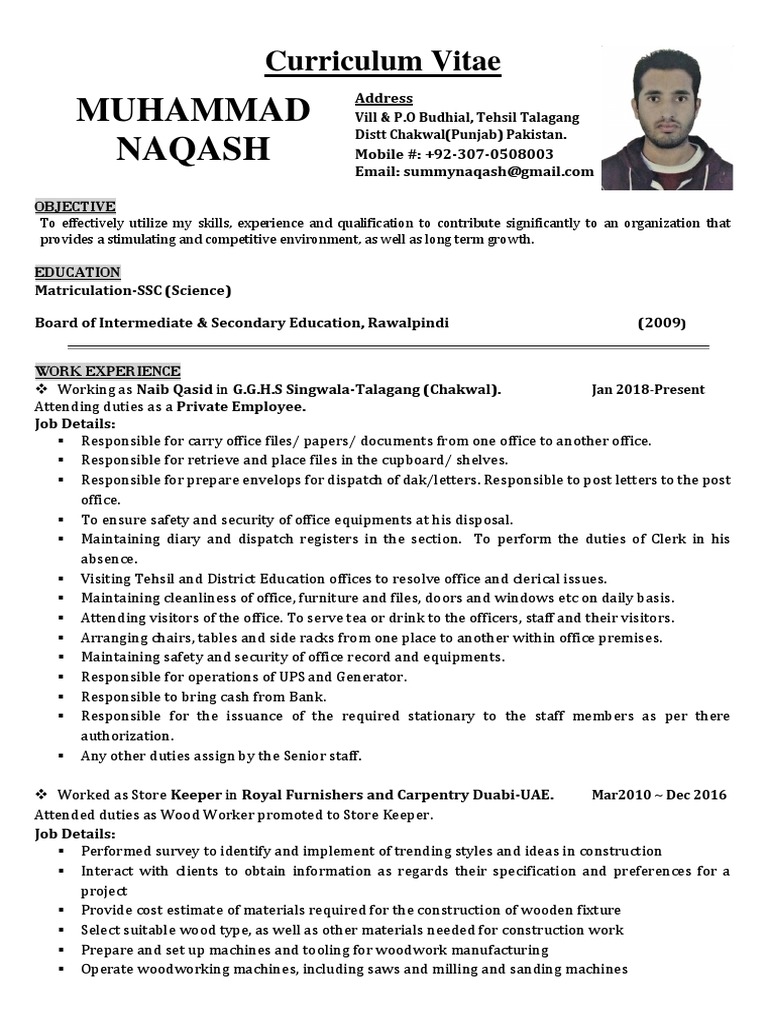Muhammad Naqash: Curriculum Vitae | PDF | Woodworking | Screw