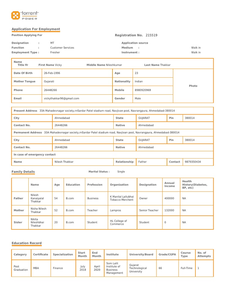 Application For Employment Registration No.: Family Details | PDF | Gujarat
