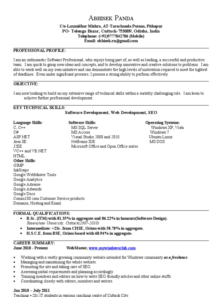 My Resume as on 20th Feb 2011 | Microsoft Visual Studio | Websites
