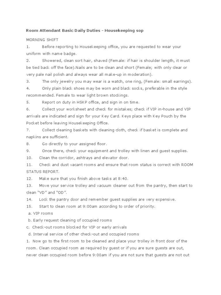 Room Attendant Basic Daily Duties SOP | PDF | Housekeeping | Nature