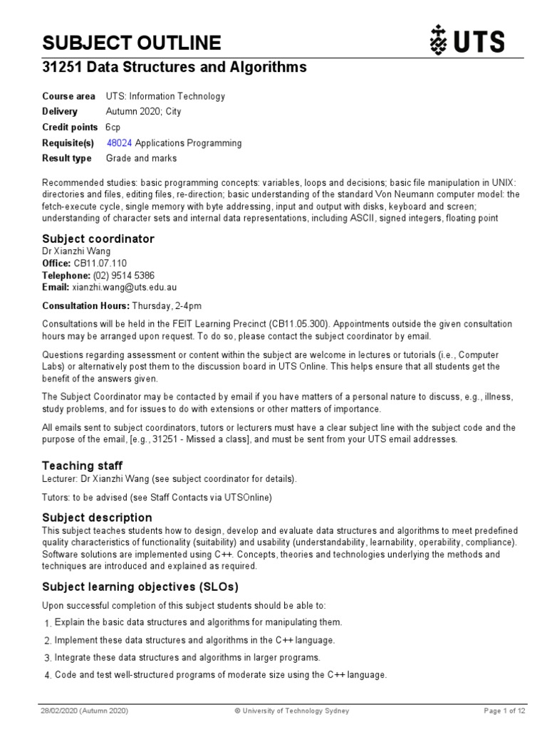 Subject Outline - Data Structures and Algorithms - Autumn 2020 - UTS ... Subject Outline - Data Structures and Algorithms - Autumn 2020 - UTS ...