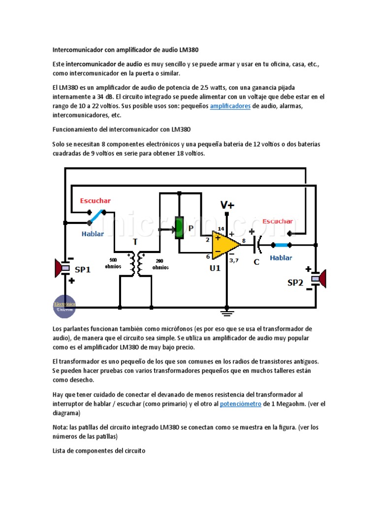 Intercomunicador Con Amplificador de Audio LM380 | PDF