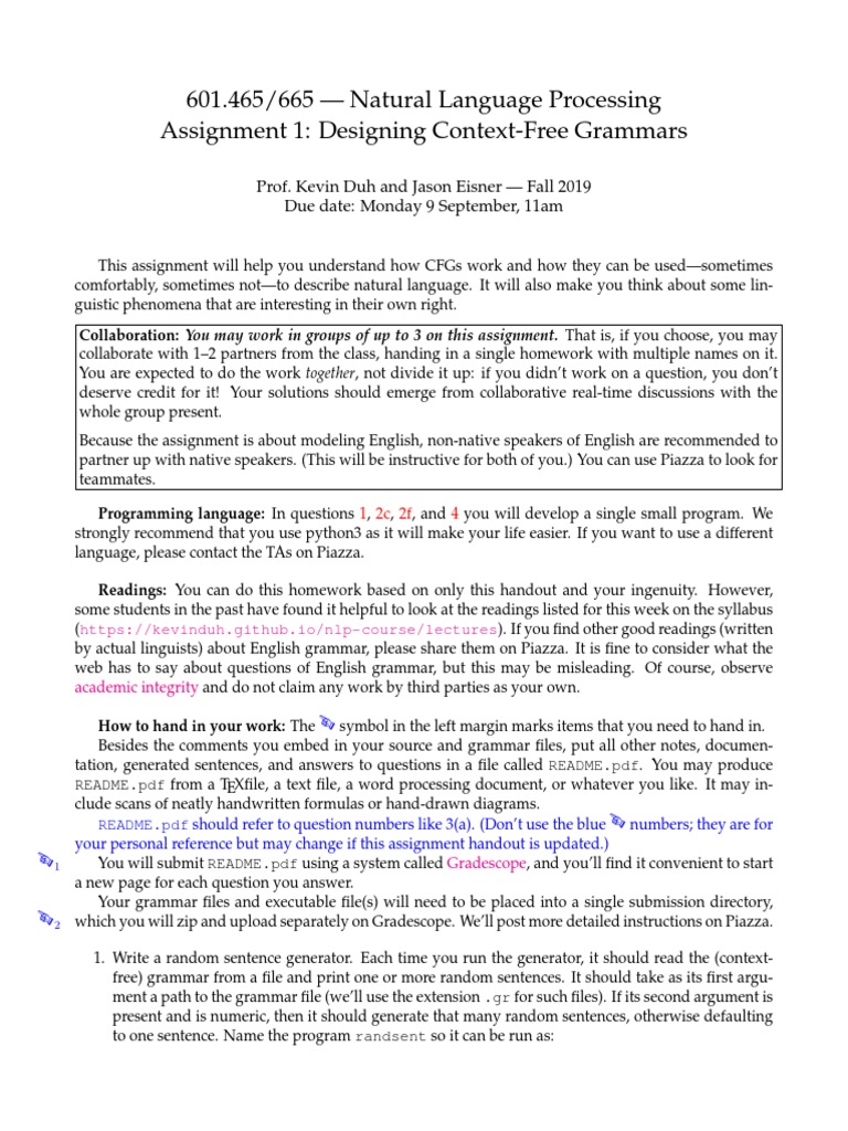 601.465/665 - Natural Language Processing Assignment 1: Designing Context-Free Grammars | PDF ...