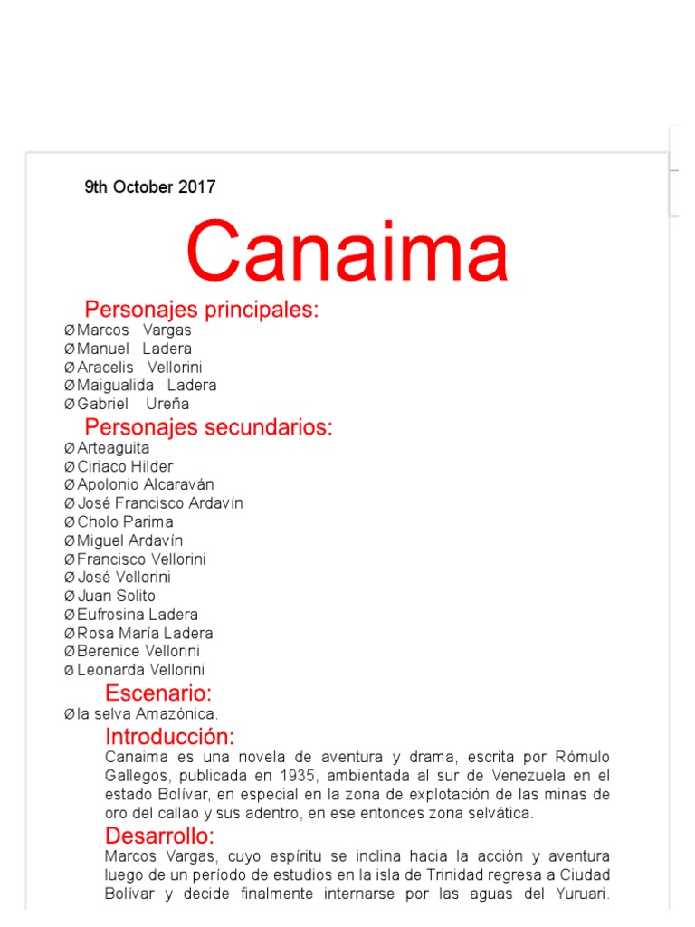 Resumen de La Novela Canaima 01 | PDF | Prosa | Literatura en español