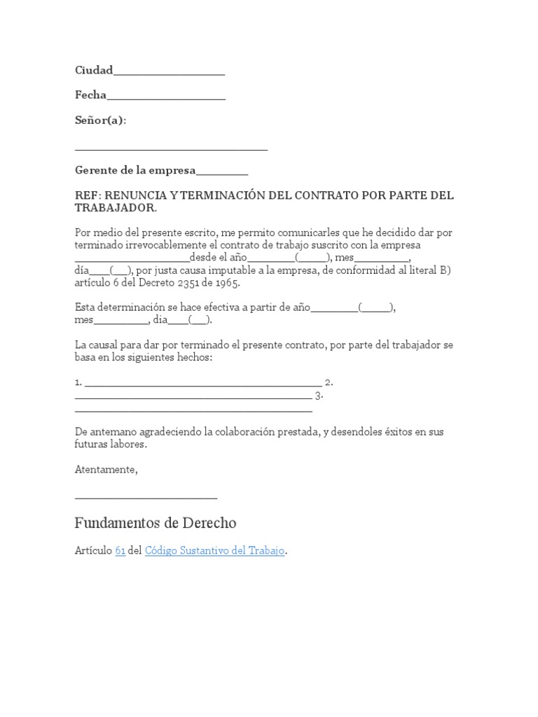 Carta Renuncia Trabajador Imputable A La Empresa | PDF