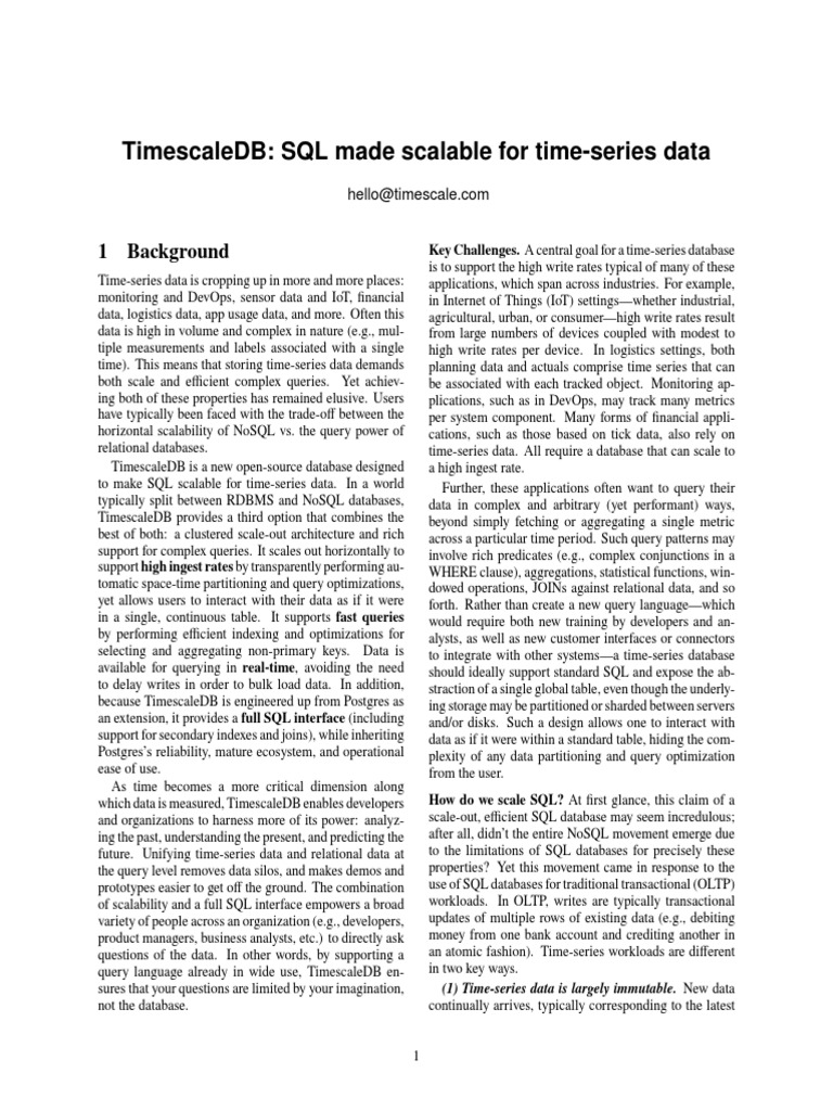 Timescaledb: SQL Made Scalable For Time-Series Data: 1 Background | PDF ...
