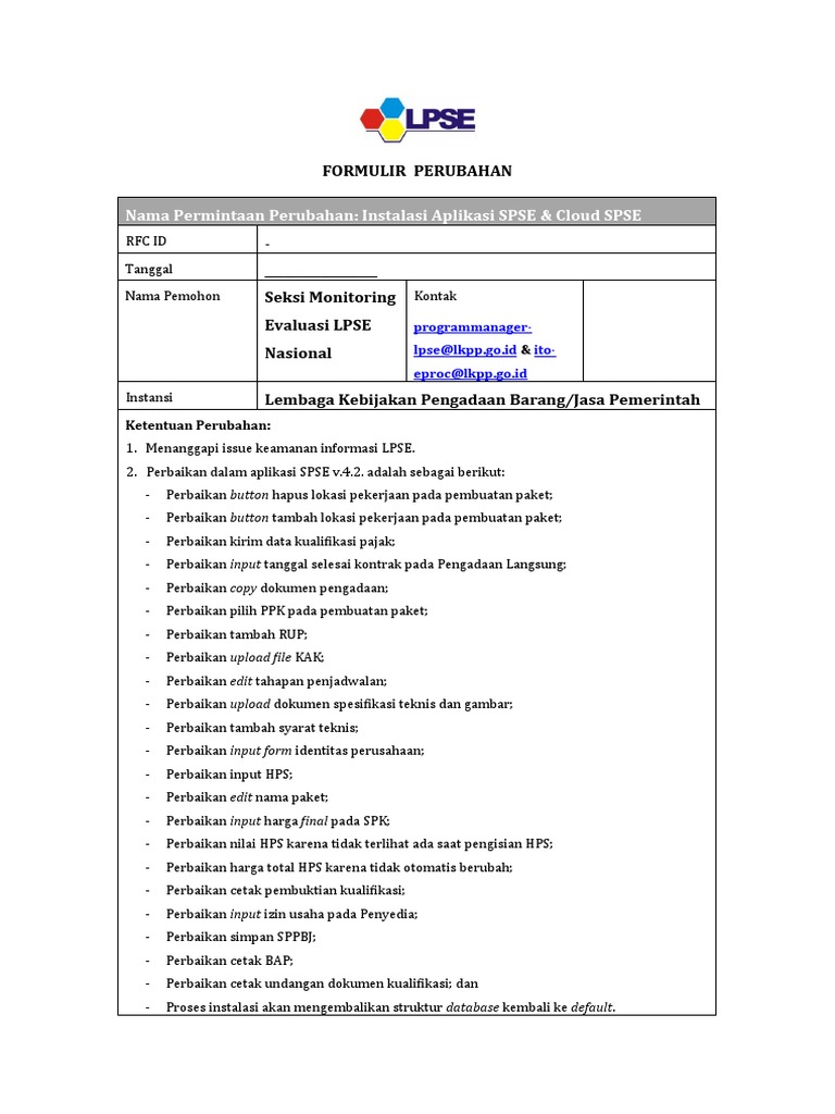 Form Pengelolaan Perubahan Instalasi SPSE.4 .2 | PDF