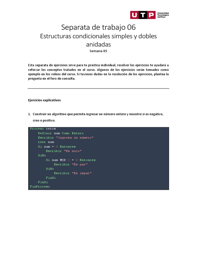 Separata06 - Estructuras Condicionales Simples y Dobles Anidadas | PDF ...