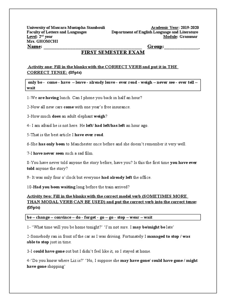 Exam s1 Second Year 2019-2020 CORRIGE Official | PDF | Language Arts ...