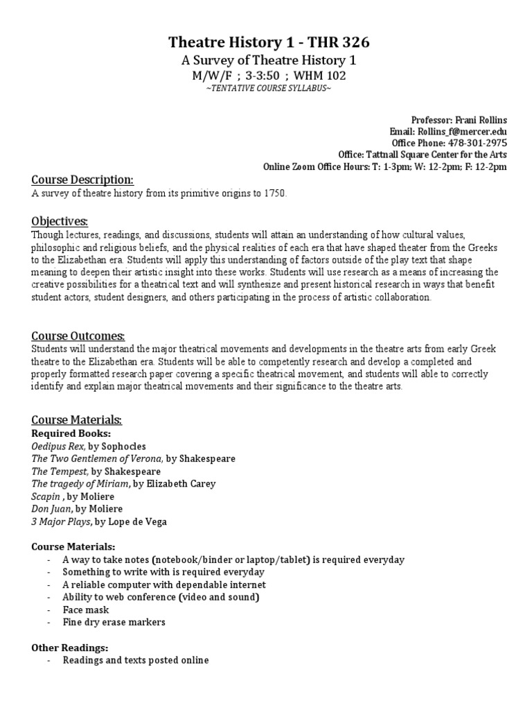 Theatre History Fall 2020 Syllabus | PDF | Theatre | Academic Publishing