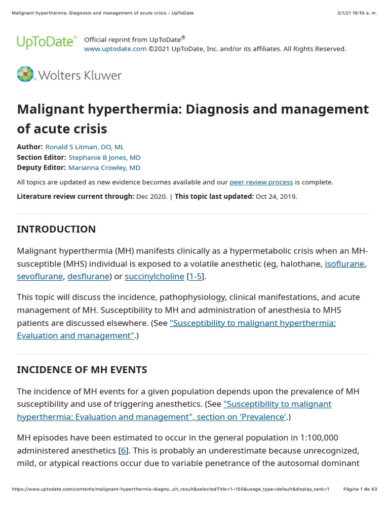 Malignant Hyperthermia - Diagnosis and Management of Acute Crisis ...
