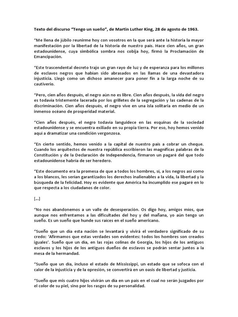 Texto Del Discurso "Tengo Un Sueño", de Martin Luther King, 28 de ...