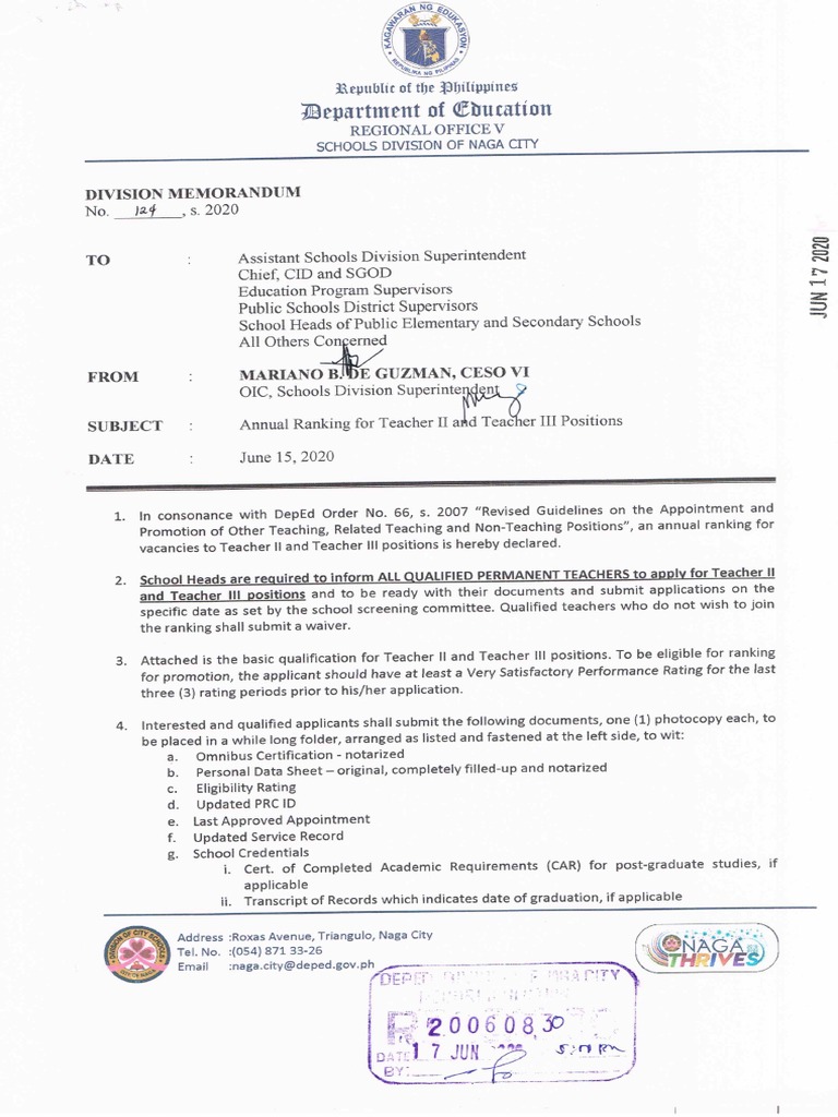 DM No. 124, S. 2020 Annual Ranking For Teacher II and Teacher III ...
