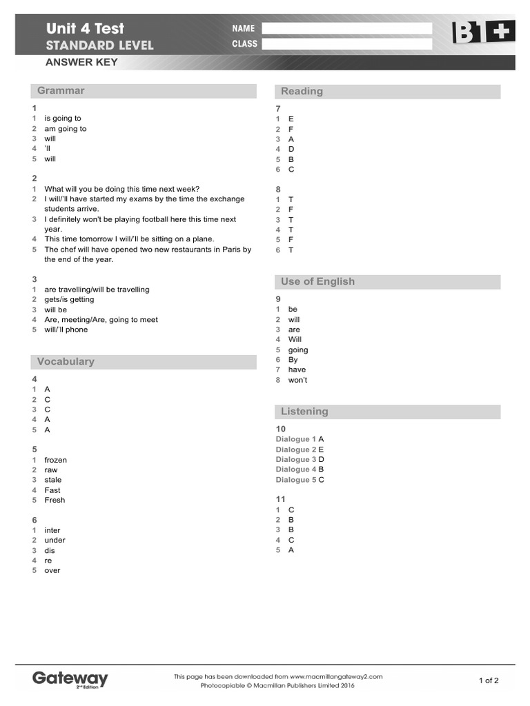B1+ UNIT 4 Test Answer Key Standard | PDF | Communication | Cognition