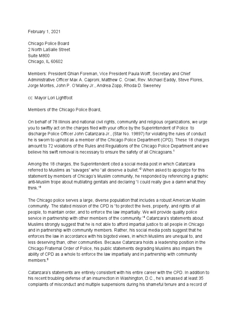 Letter To Chicago Police Board Terminate Officer Catanzara | PDF ...