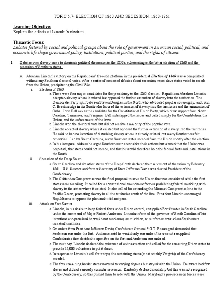 Learning Objective:: TOPIC 5.7-ELECTION OF 1860 AND SECESSION, 1860 ...