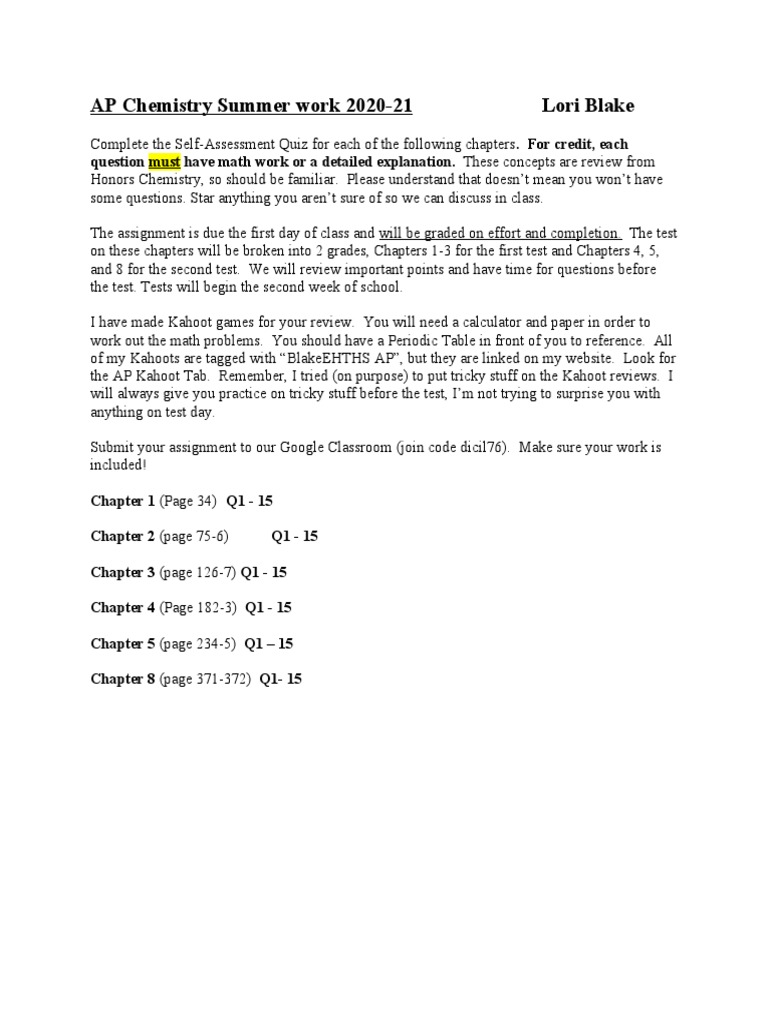 AP Chemistry Summer Assignment 2020-21 | PDF