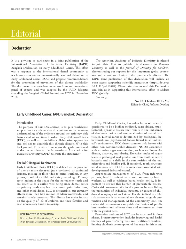 Pitts Et Al 2019 Early Childhood Caries IAPD Bangkok Declaration. IJPD ...