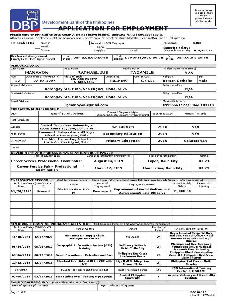 DBP Application For Employment | PDF | Labour