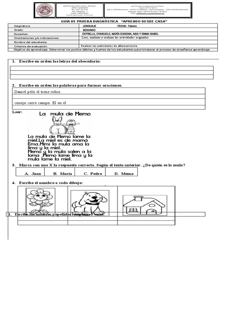 Prueba Diagnóstica LENGUAJE 2° | PDF